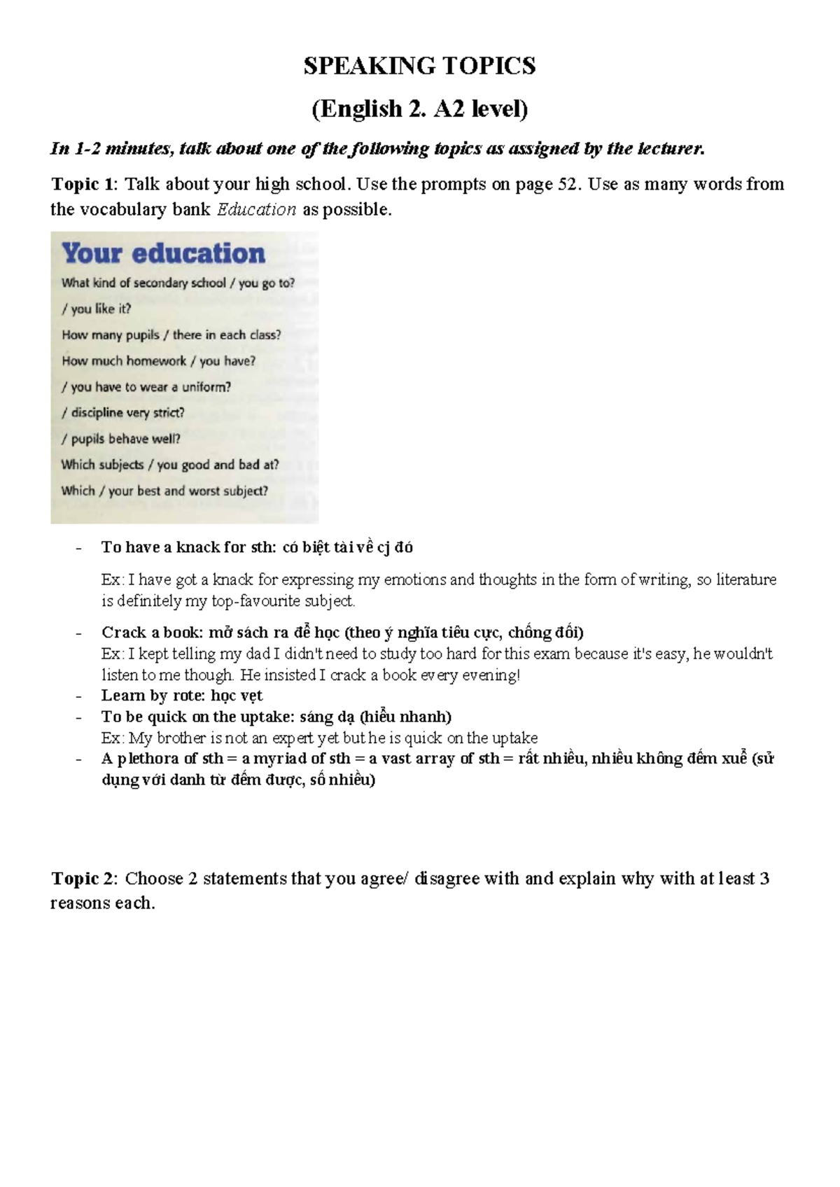 Speaking Topics Band A2 - SPEAKING TOPICS (English 2. A2 level) In 1-2 ...