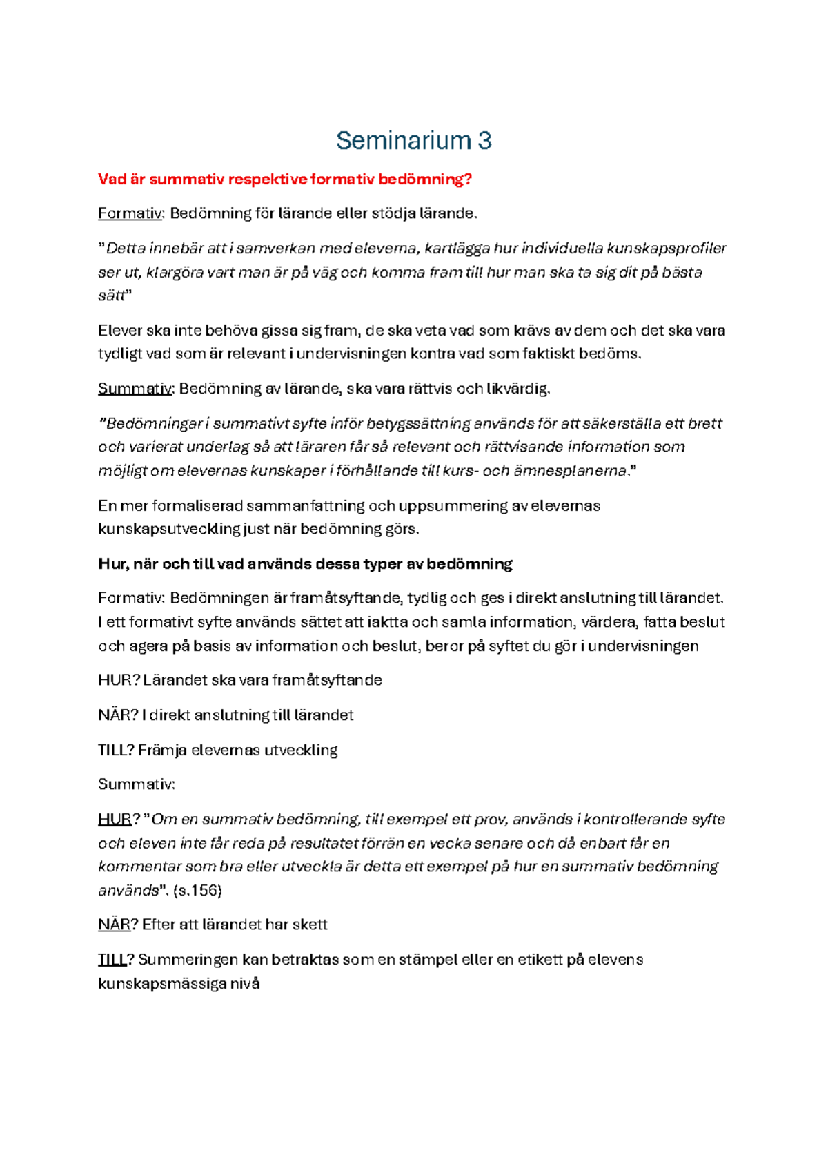 Seminarium 3: Formativ och Summativ Bedömning i Utbildning - Studocu
