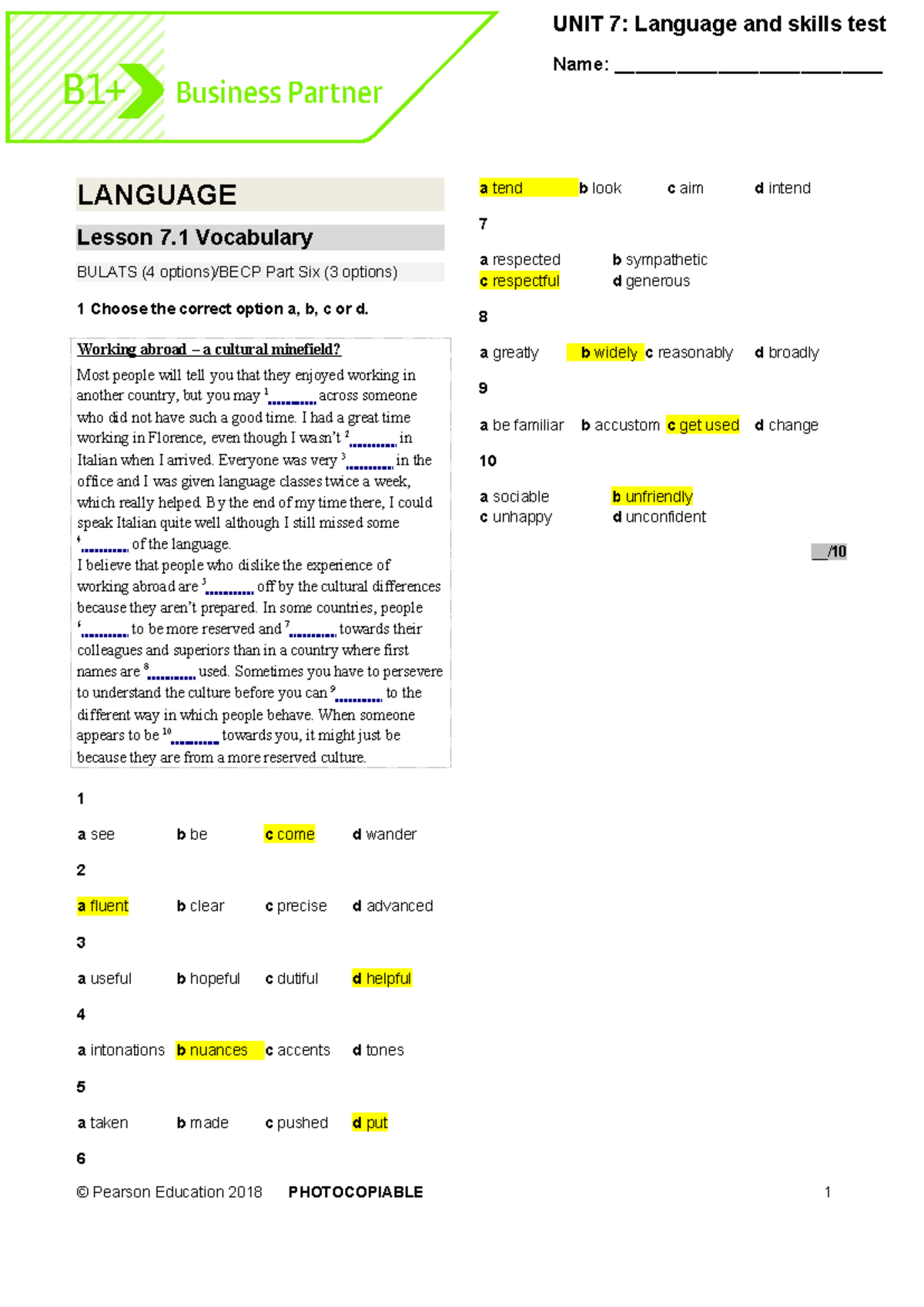 UNIT 7: Language and Skills Test - Vocabulary & Grammar Exercises - Studocu