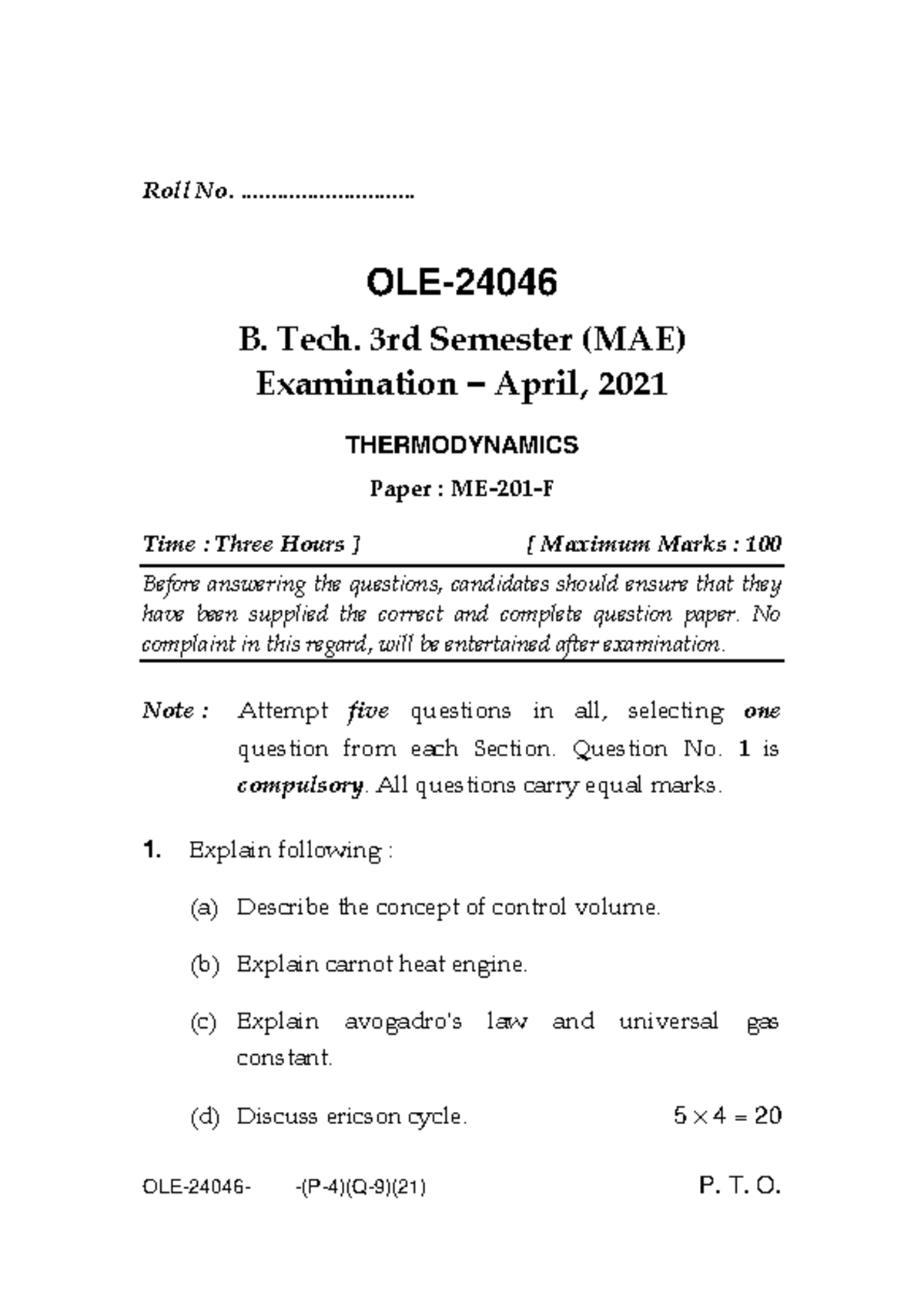 2021-B: Thermodynamics Previous Year Exam Paper (B. Tech. 3rd Sem ...