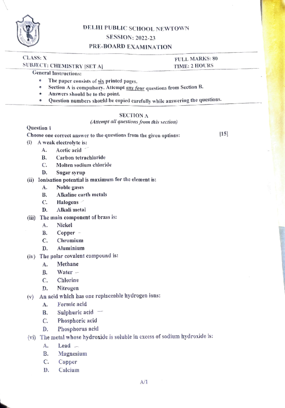 DPS Newtown CHEM Class X Pre-Board Exam Paper 2023 - Studocu