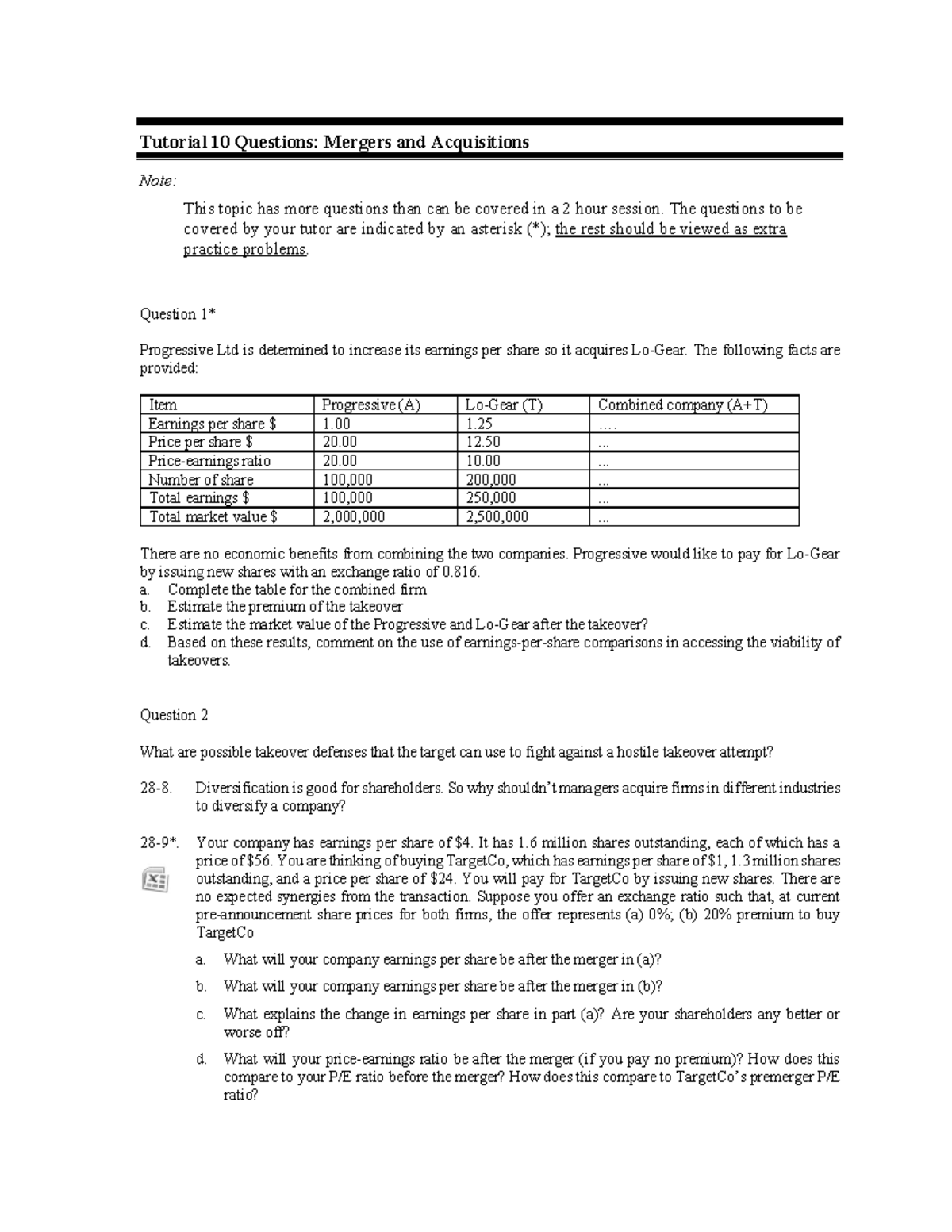 Mergers & Acquisitions Tutorial 10 Questions: Key Practices and ...