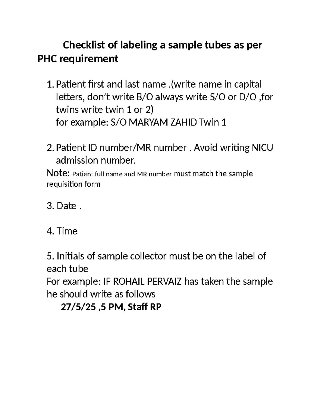 Checklist of labeling a sample tubes as per PHC requirement - Patient ...