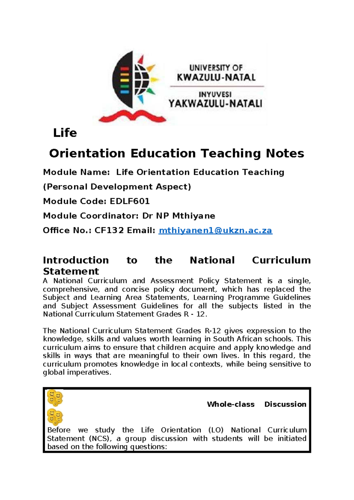 Life Orientation Curriculum Overview and Educational Principles ...