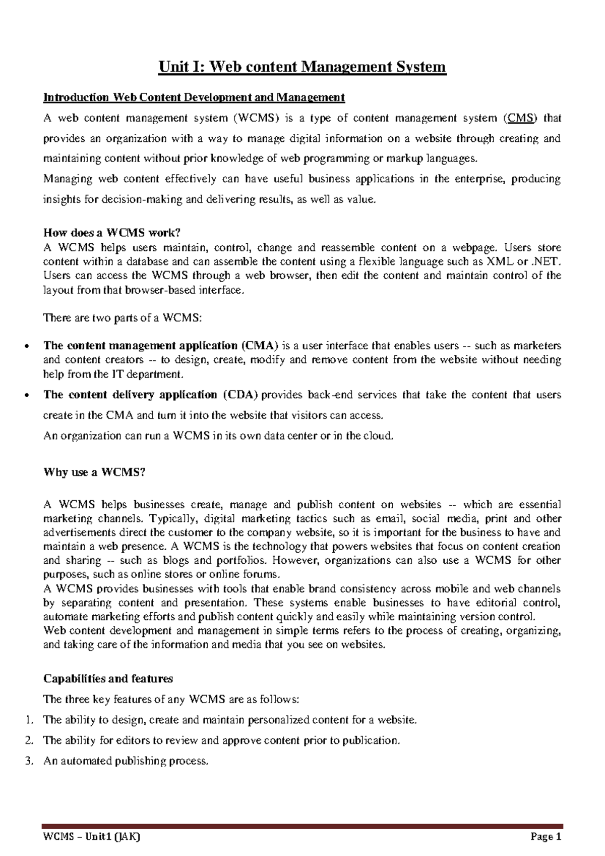 WCMS Unit 1: Overview of Web Content Management Systems and Features ...