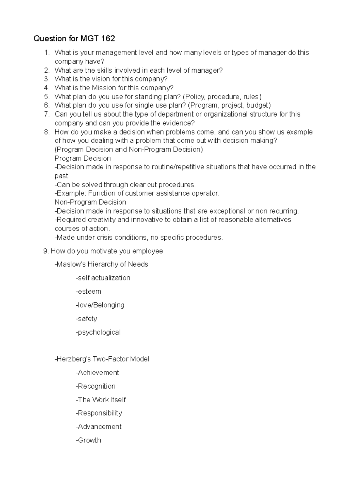 MGT 162 Interview Preparation Questions and Management Concepts - Studocu