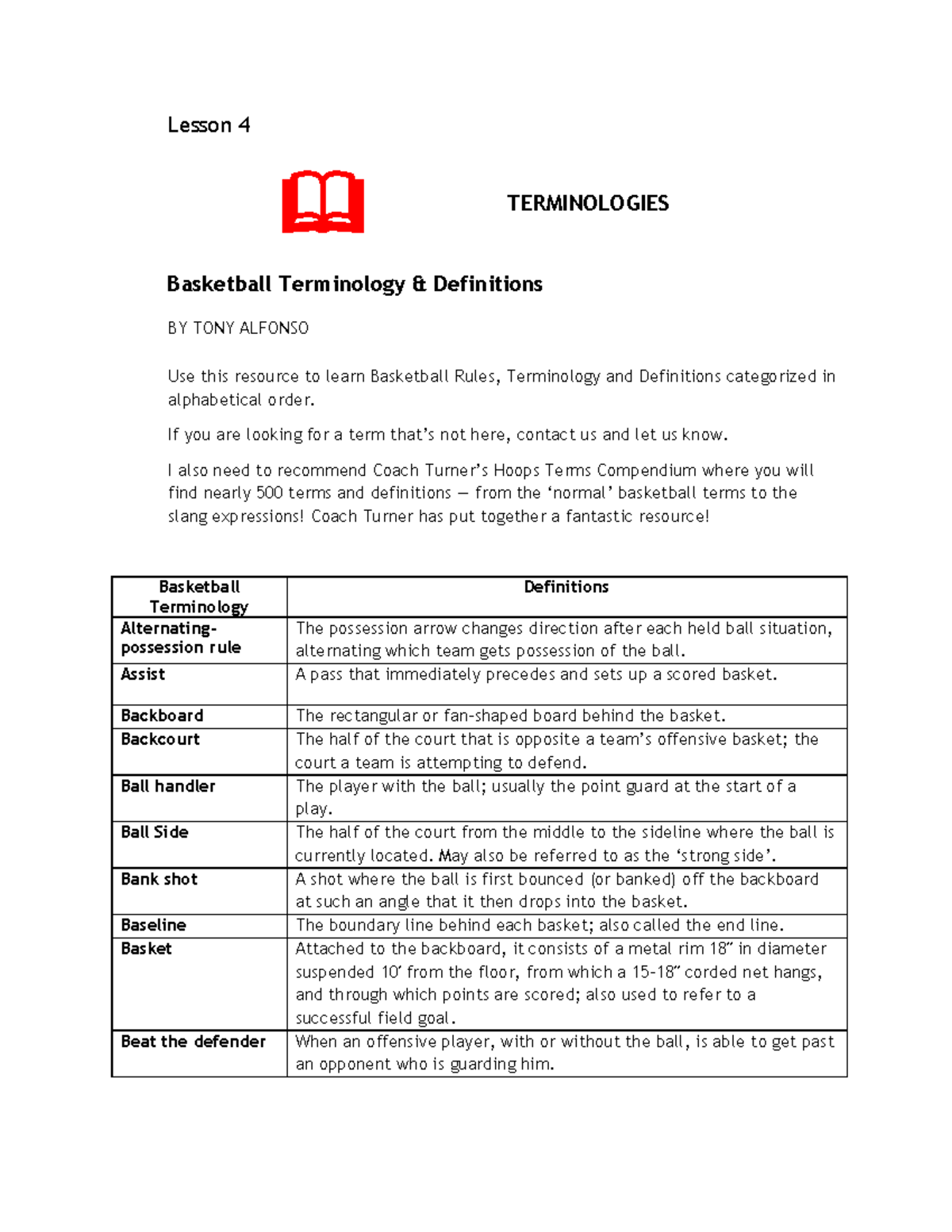 Basketball Terminology & Definitions - Lesson 4 Overview - Studocu