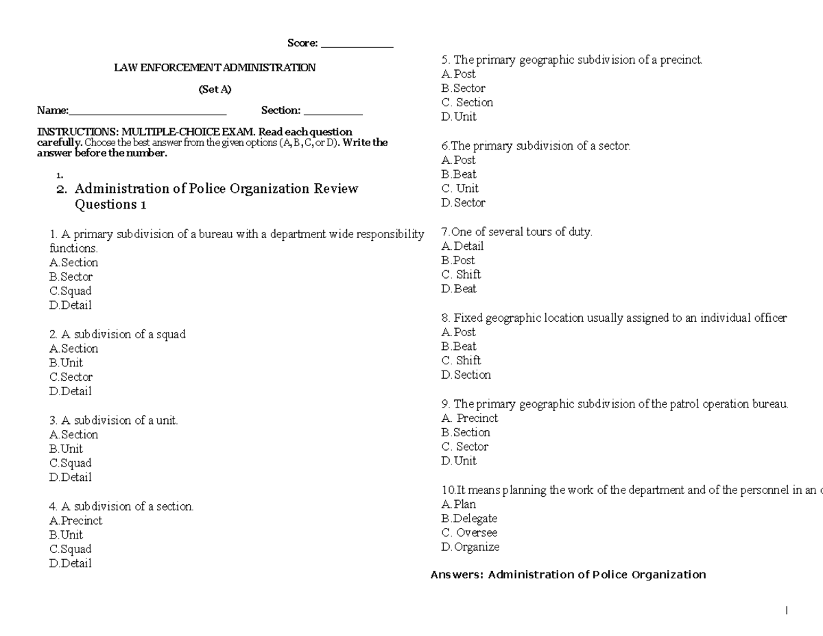 LEA - Mock Exam: Law Enforcement Administration Review Questions - Studocu