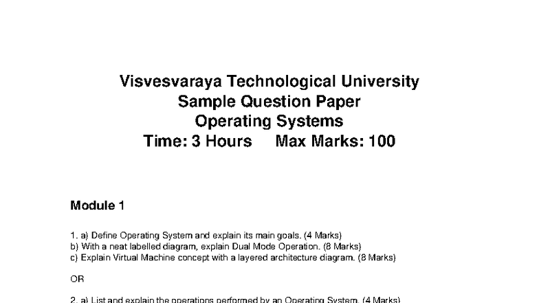 VTU OS Sample Question Paper - Comprehensive Review Guide - Studocu