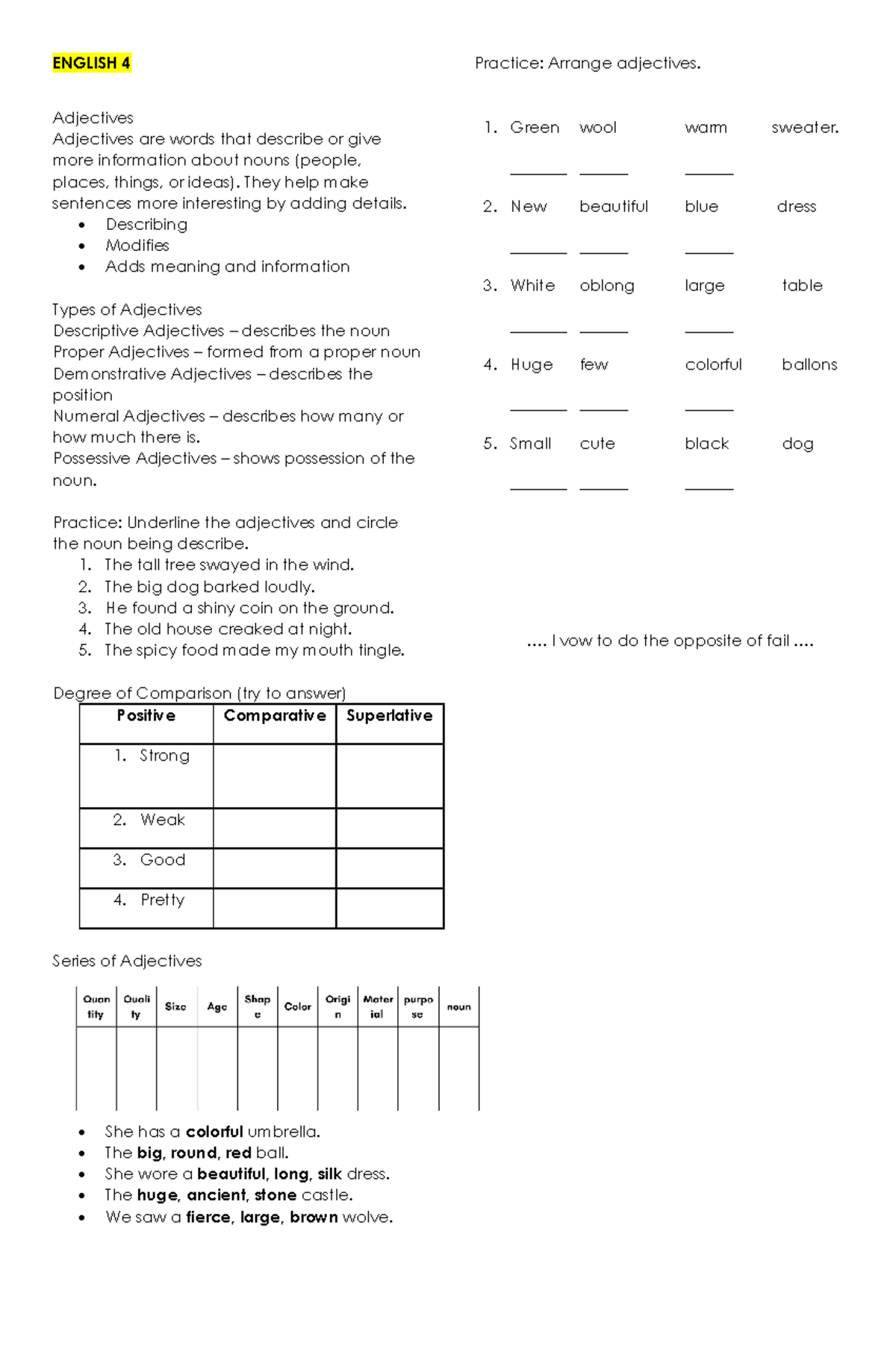 English 4 - Adjectives Review and Practice Guide - Studocu