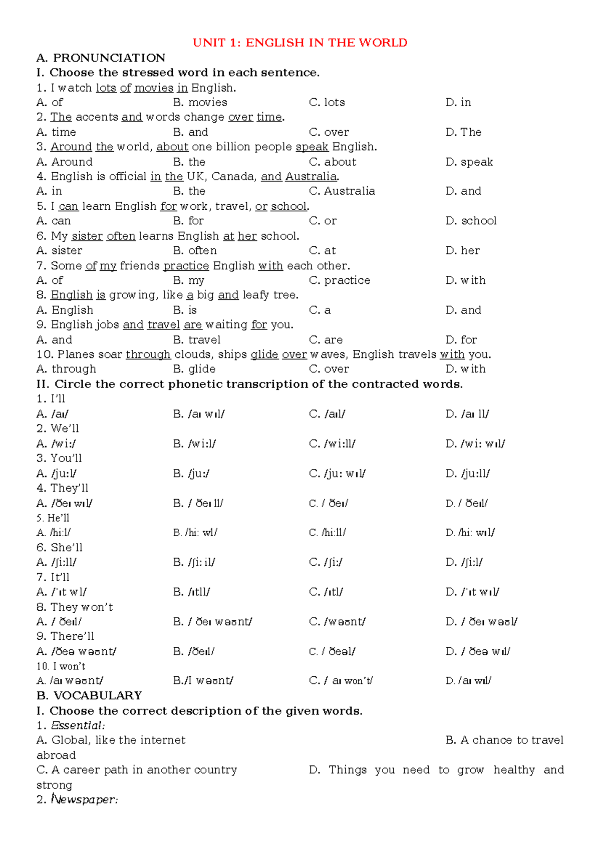 Unit 1: English in the World - Pronunciation & Vocabulary Exercises ...