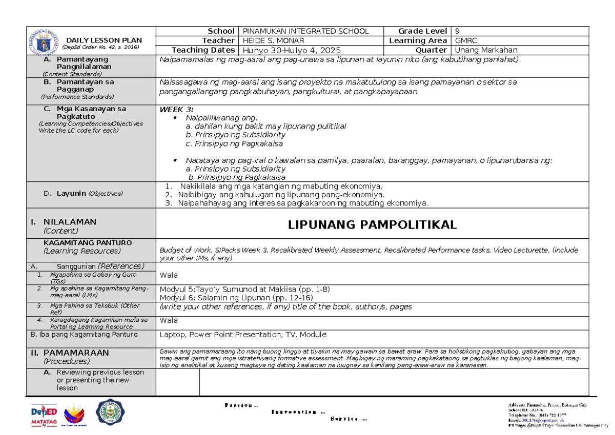 1ST Quarter Week 1 Daily Lesson Plan for AP 9 by Heide S. Monar - Studocu
