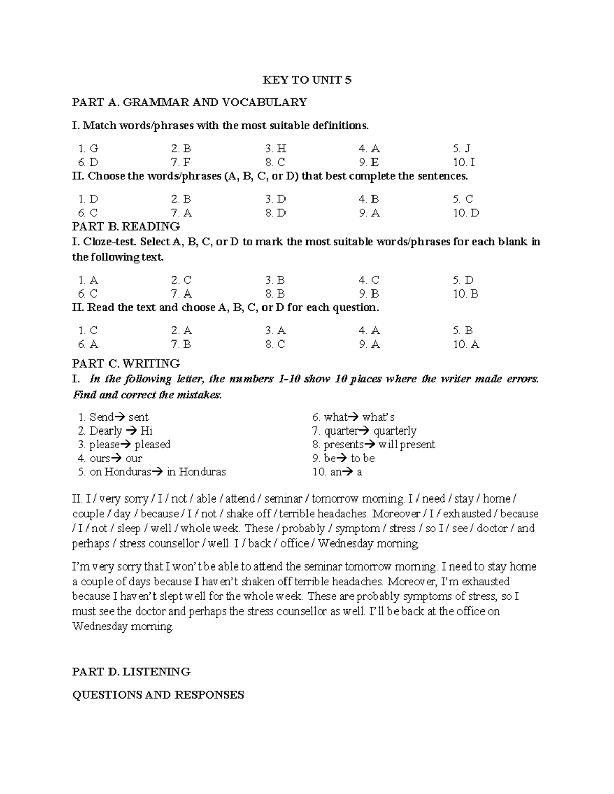 Keys to TLTH-Tiếng-Anh-3: Grammar, Vocabulary & Writing - Unit 5-11 - Studocu