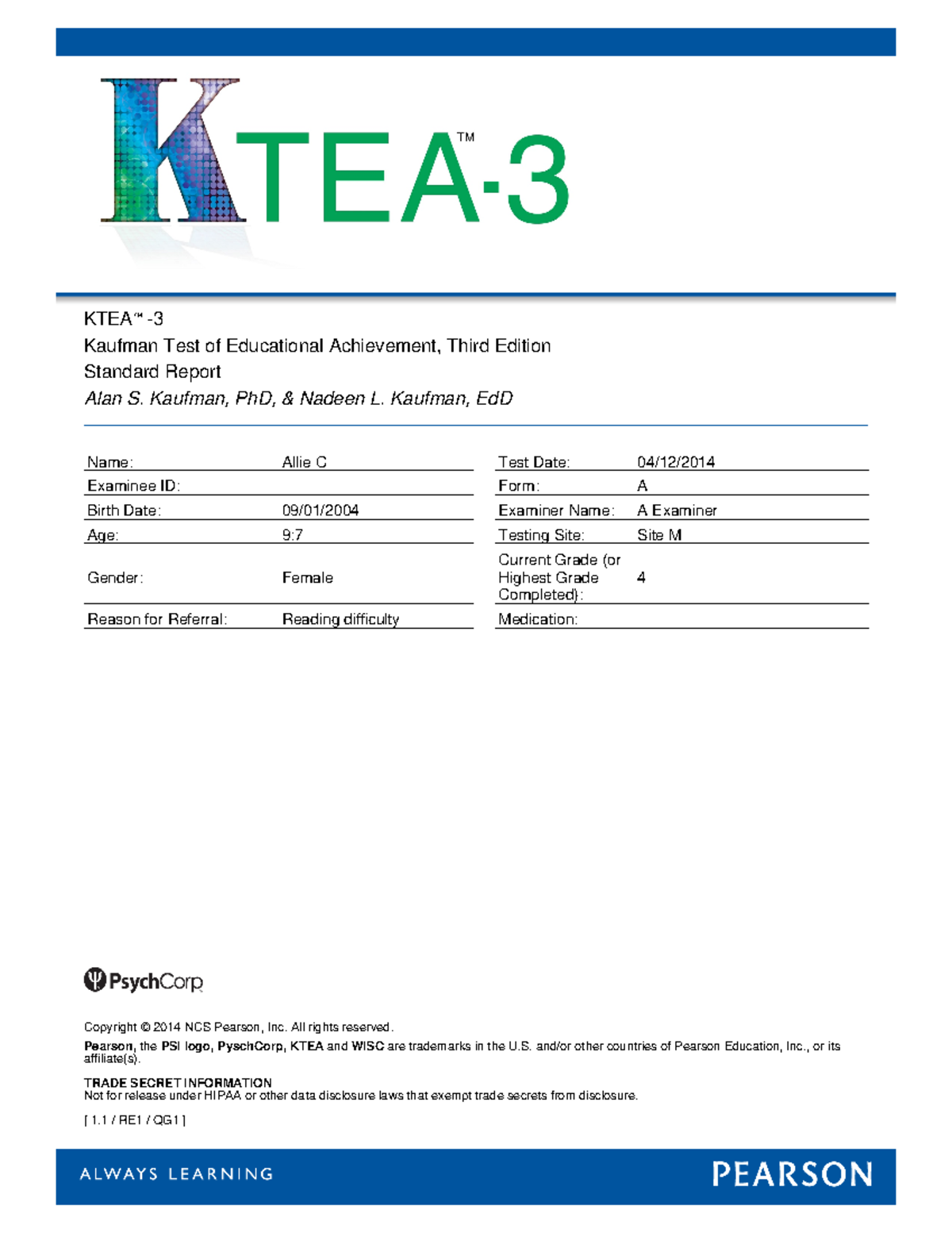 KTEA 3 Score Report - Kauffman test - KTEA ™ - Kaufman Test of ...