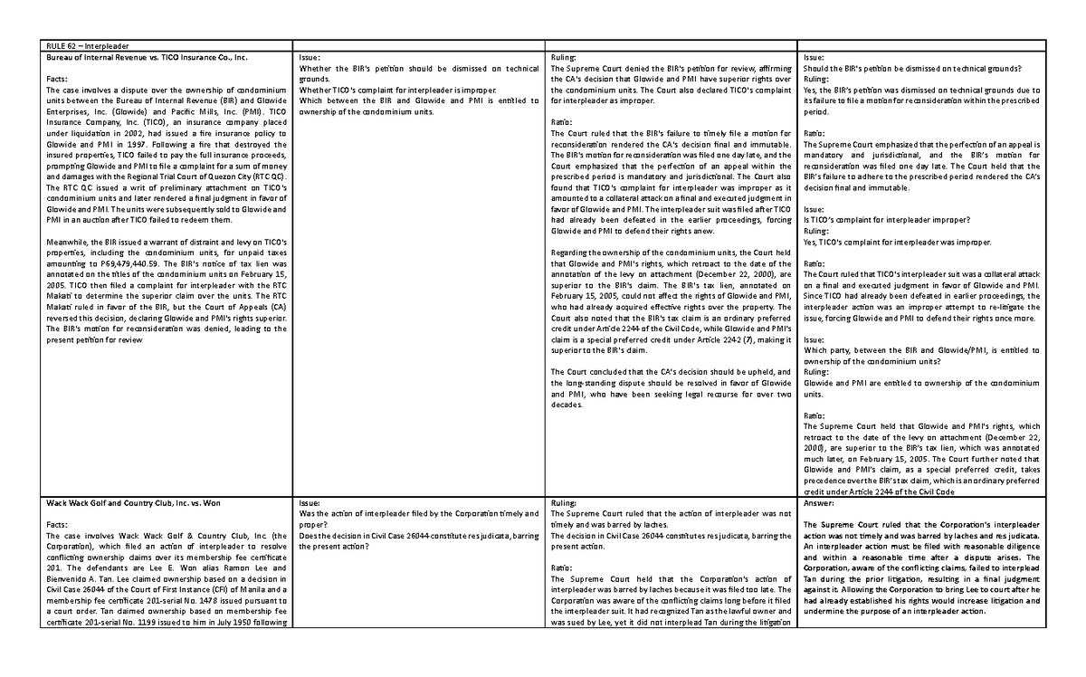 Special Civil Actions Cases - RULE 62 – Interpleader Bureau of Internal ...