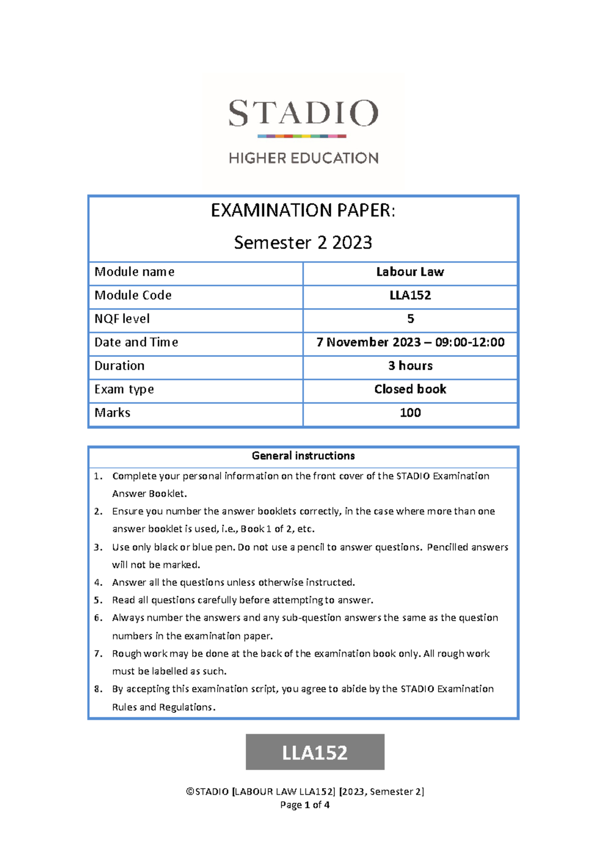 LLA152 Labour Law Exam Paper - November 2023 (3 Hours) - Studocu