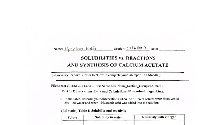 CHEM 205 LAB 4: Solubility and Reactions of Calcium Acetate - Studocu