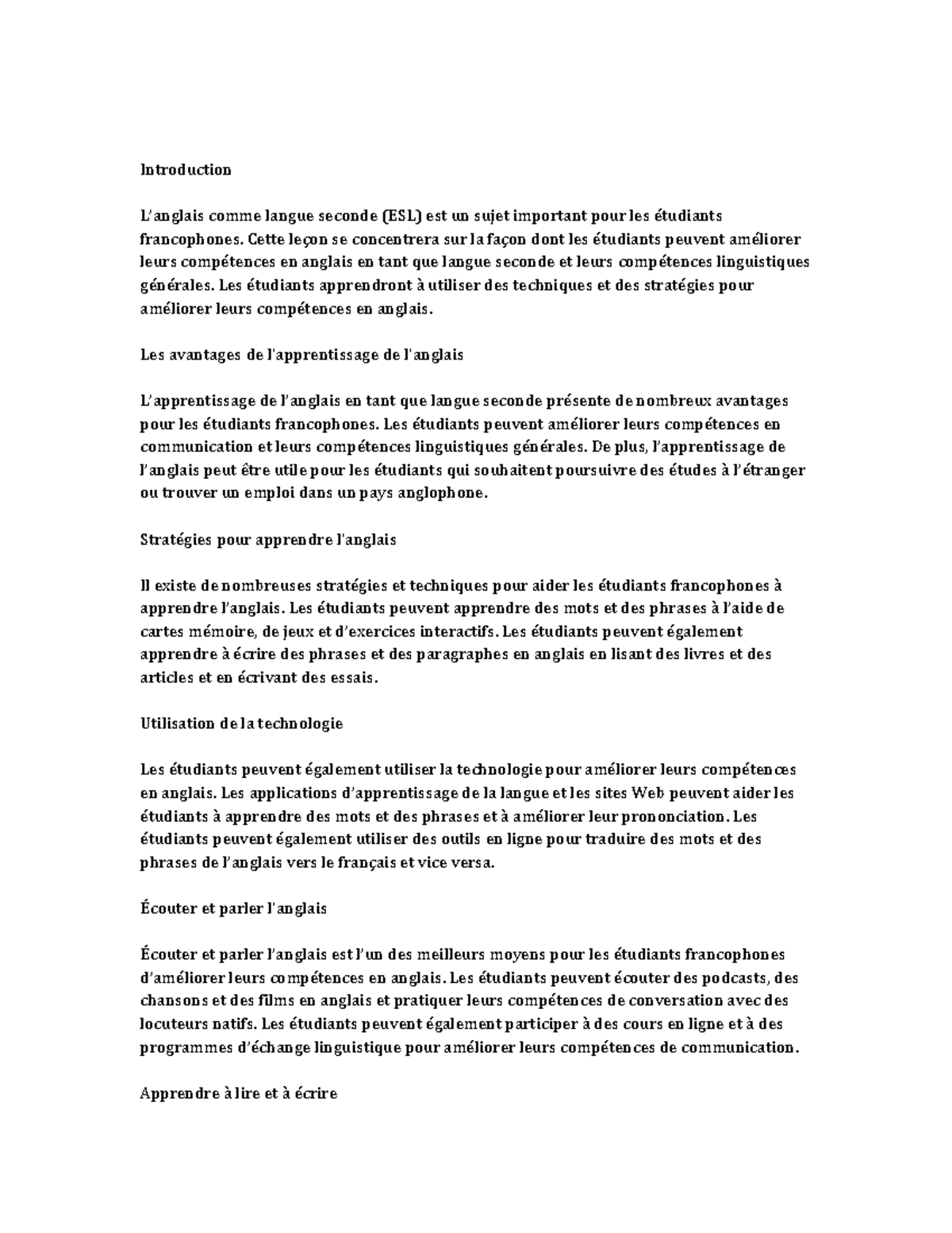 Améliorer l'Anglais comme Langue Seconde (ESL) : Stratégies et ...