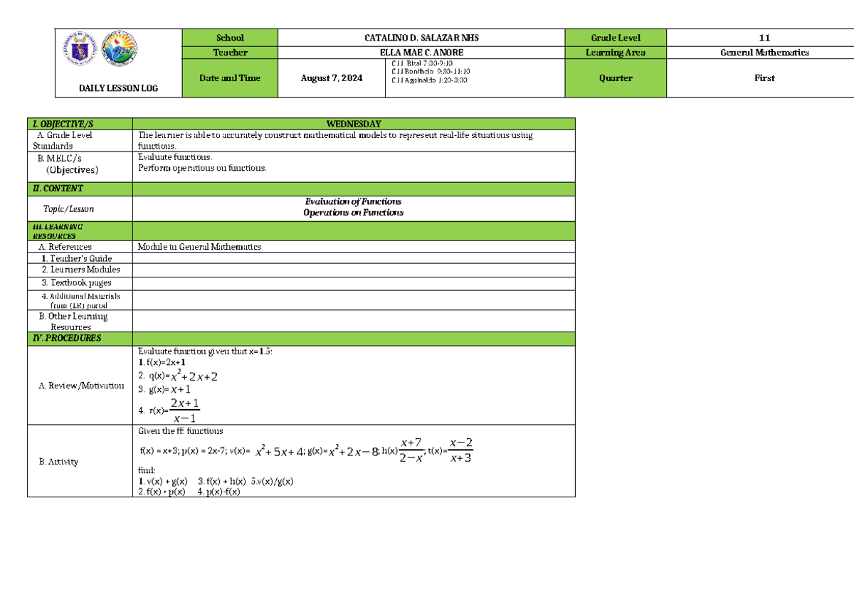 Daily Lesson Log (DLL) for G11 General Math: Evaluating Functions - Studocu