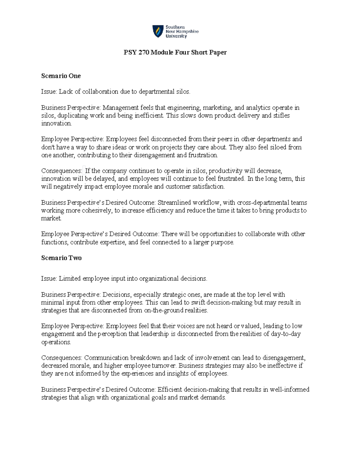 PSY 270 Module Four Short Paper: Addressing Departmental Silos and ...