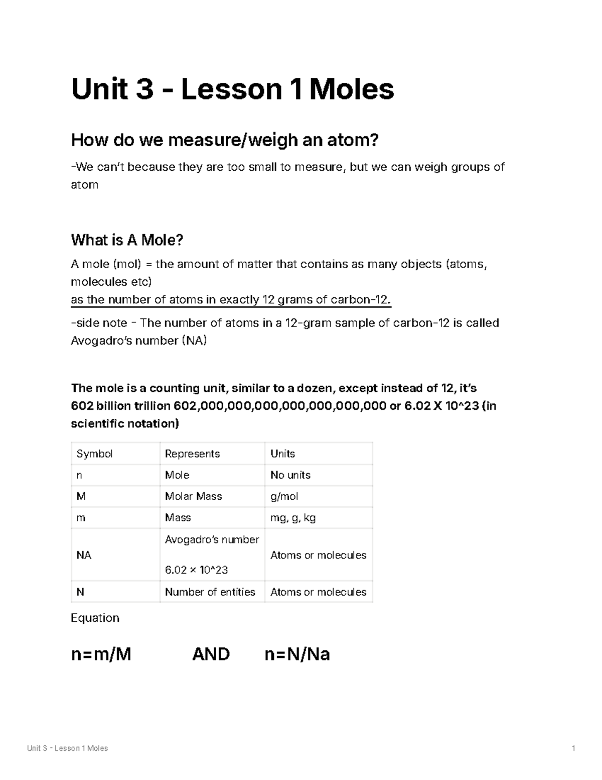 Unit 3 Lesson 1: Understanding Moles in Chemistry - Studocu