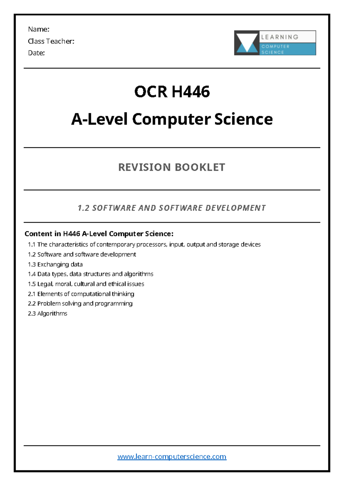 H446 A-Level Computer Science Revision Booklet 1.2: Software Development - Studocu
