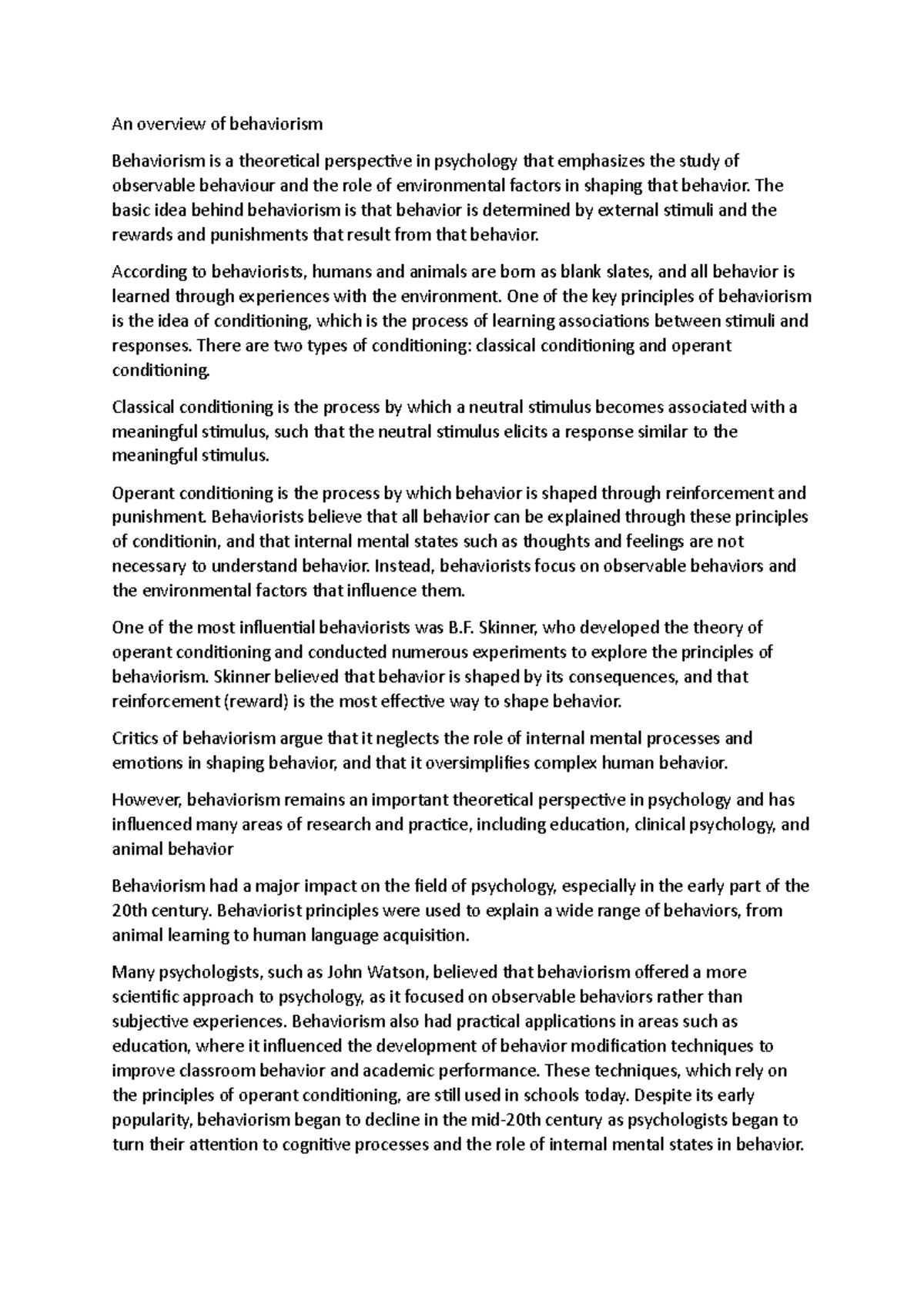 An overview of behaviorism - An overview of behaviorism Behaviorism is ...