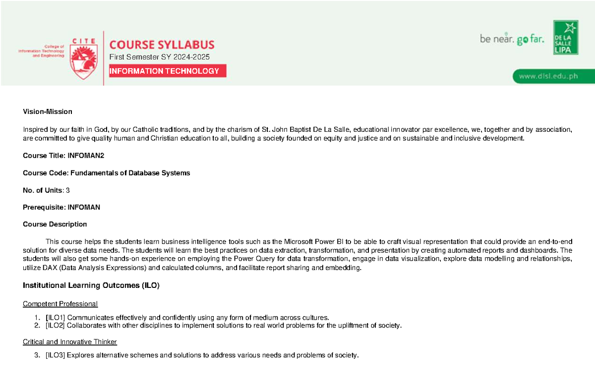 BSIT INFOMAN2 Syllabus: Fundamentals of Database Systems AY 2024-2025 - Studocu