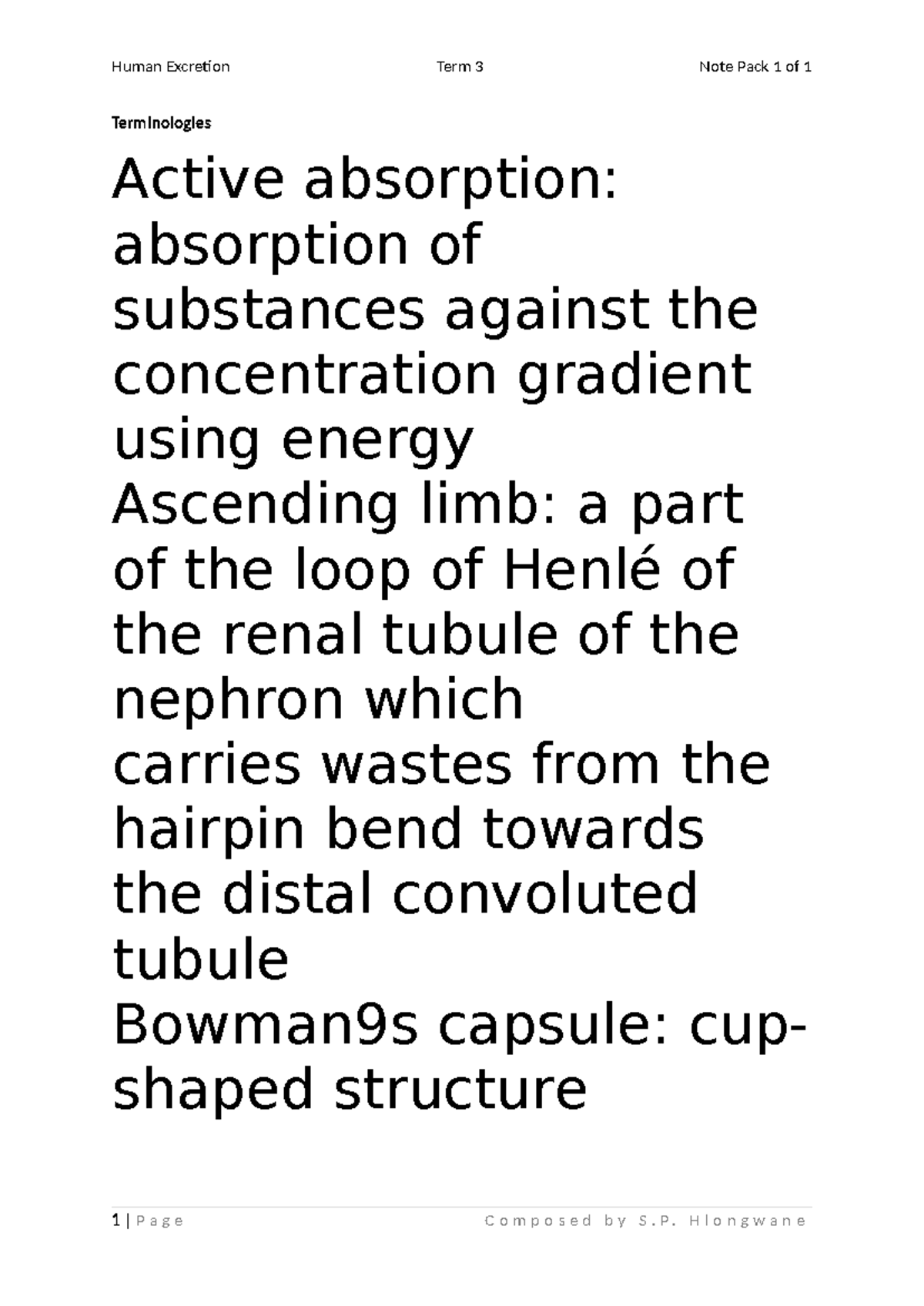 Human Excretion Term 3 Study Notes: Key Concepts and Terminology - Studocu
