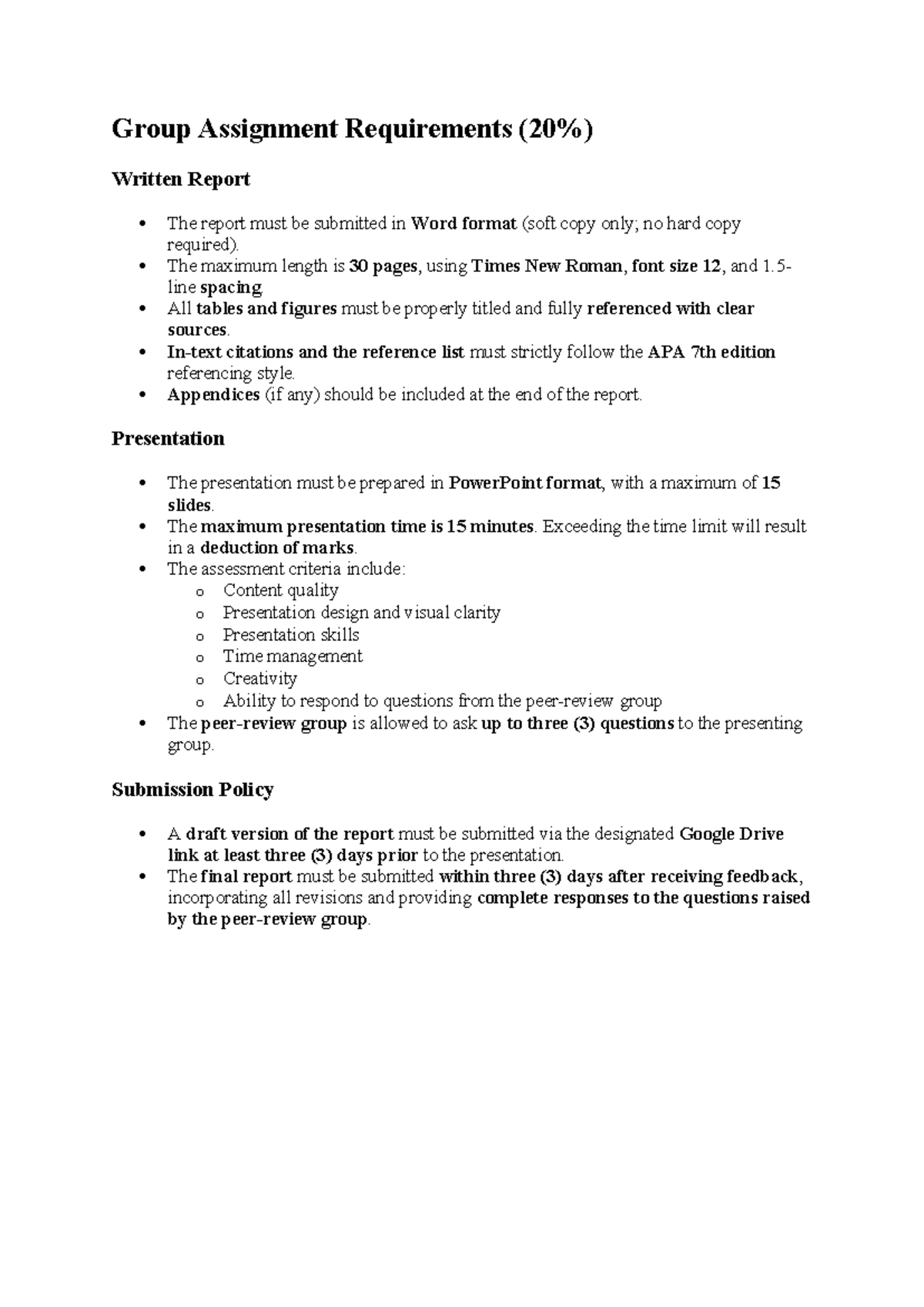 Group Assignment Requirements: Written Report & Presentation Guidelines ...