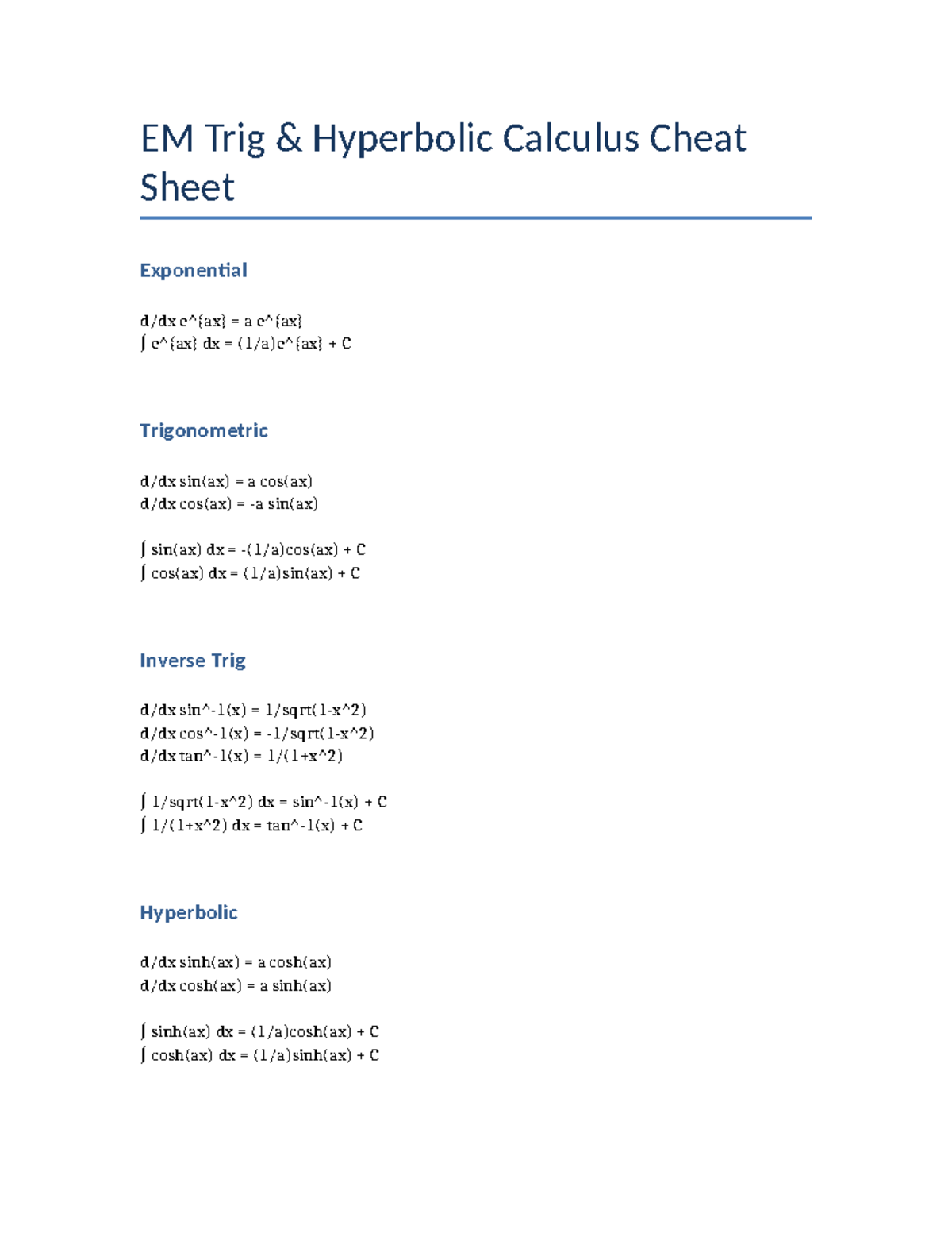 EM Calculus Cheat Sheet, Formulas - EM Trig & Hyperbolic Calculus Cheat ...