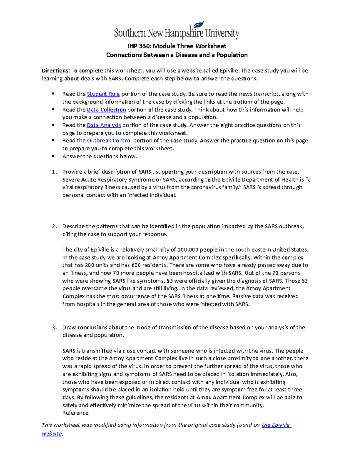 IHP 330 Module Three Worksheet: Analyzing SARS and Community Impact ...