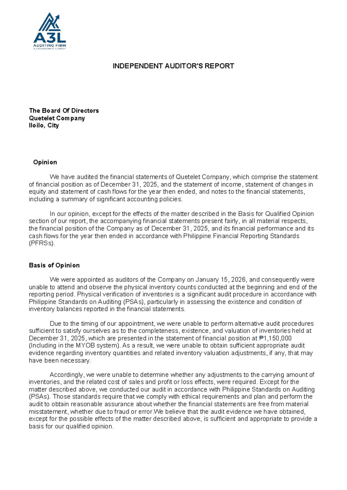 A3L-Audit Report: Quetelet Company Financial Statements 2025 - Studocu
