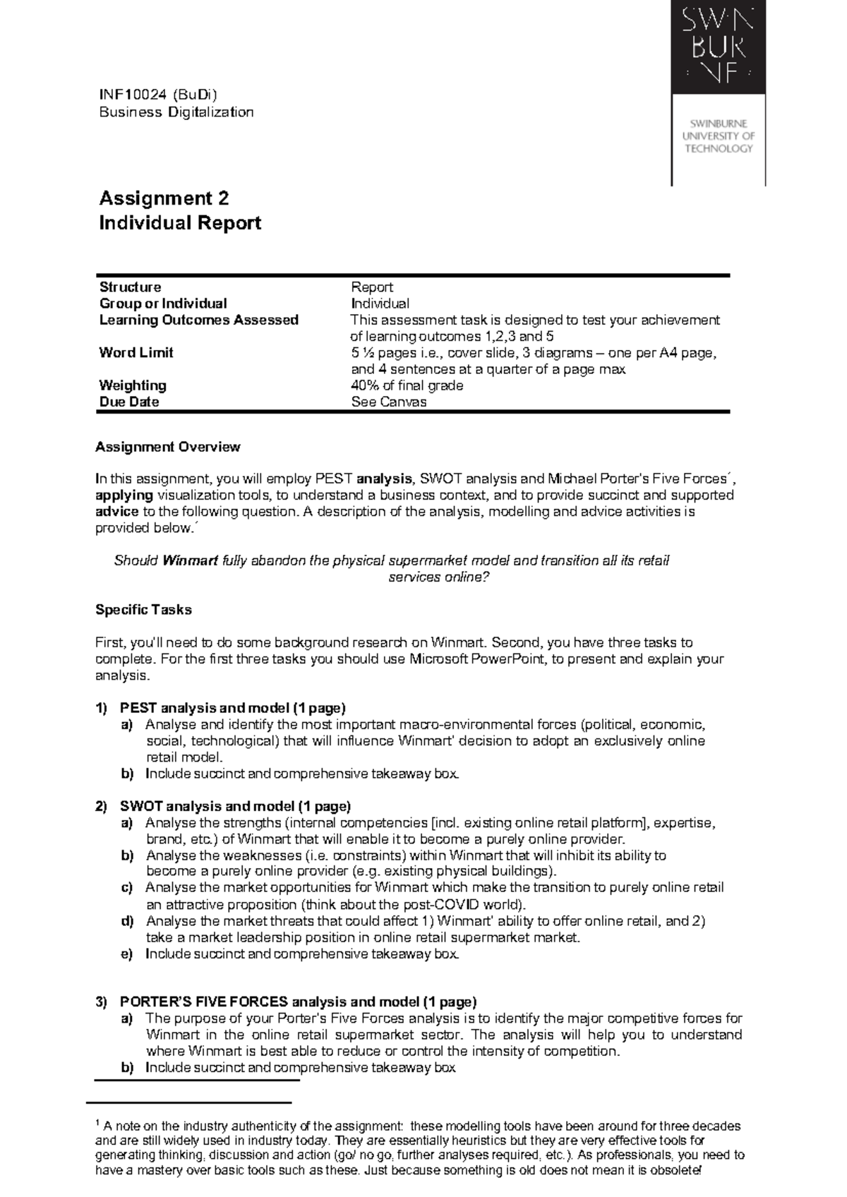 INF10024 (BuDi) Business Digitalization Assignment 2 Report Structure - Studocu