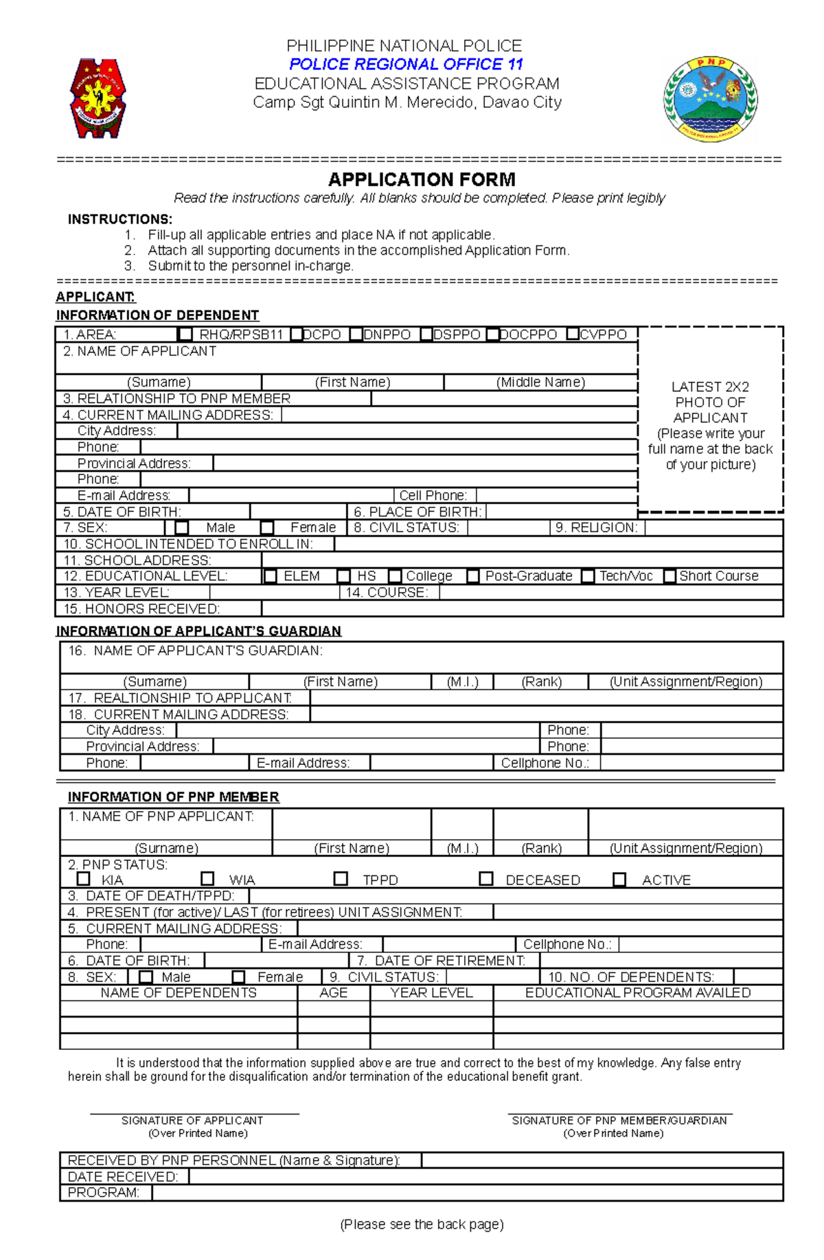 PNP Educational Assistance Program Application Form 2019 - Studocu