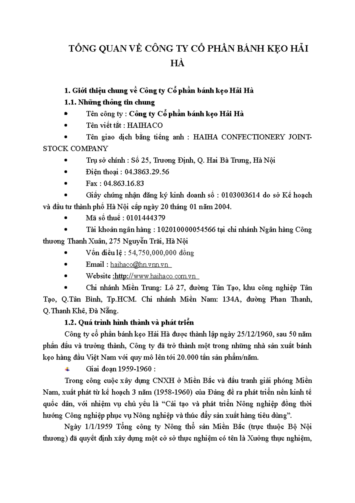 Tổng Quan Về Công Ty Cổ Phần Bánh Kẹo Hải Hà - HAIHACO - Studocu