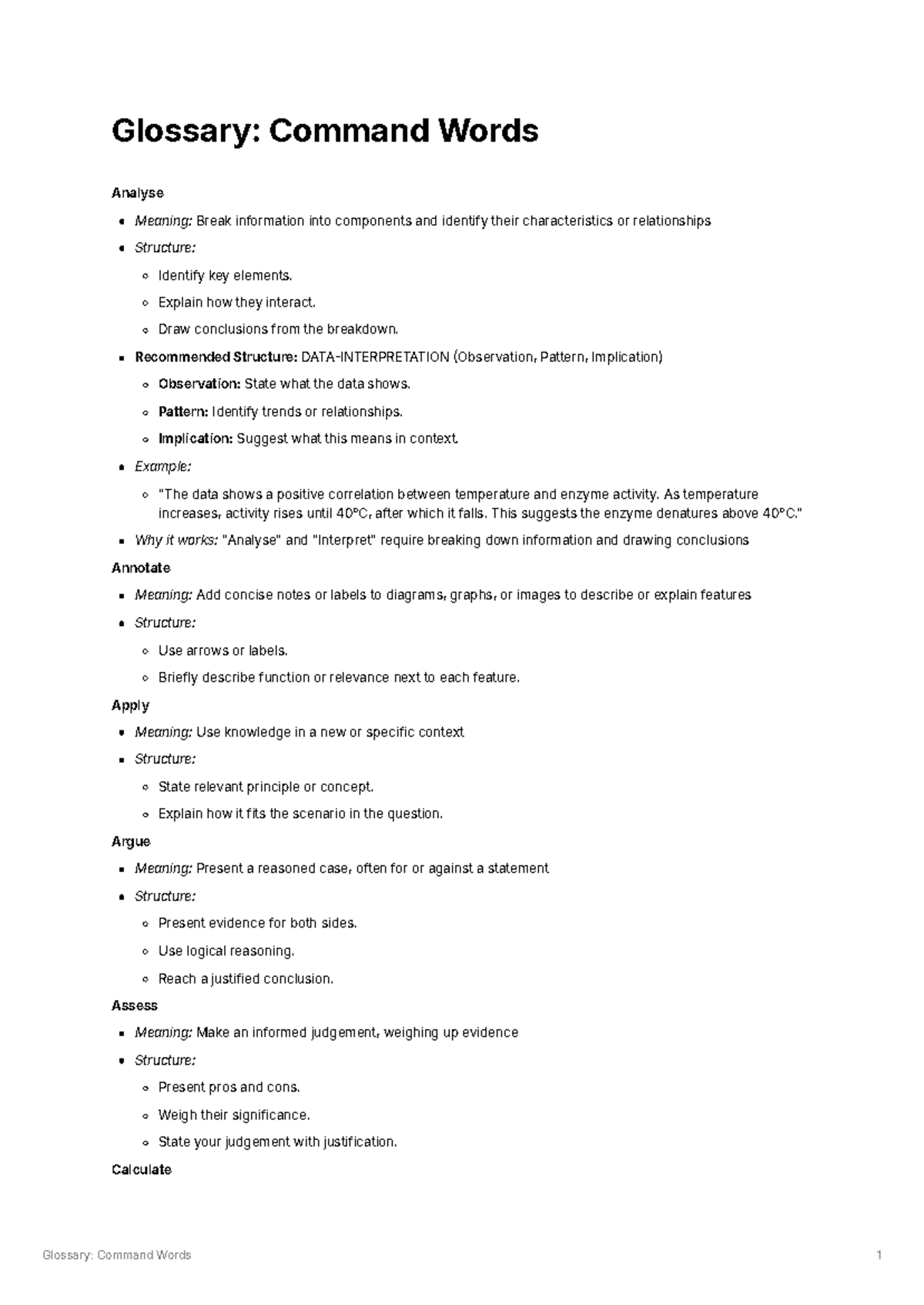 Biology Command Words Glossary: Meaning, Structure, and Examples - Studocu