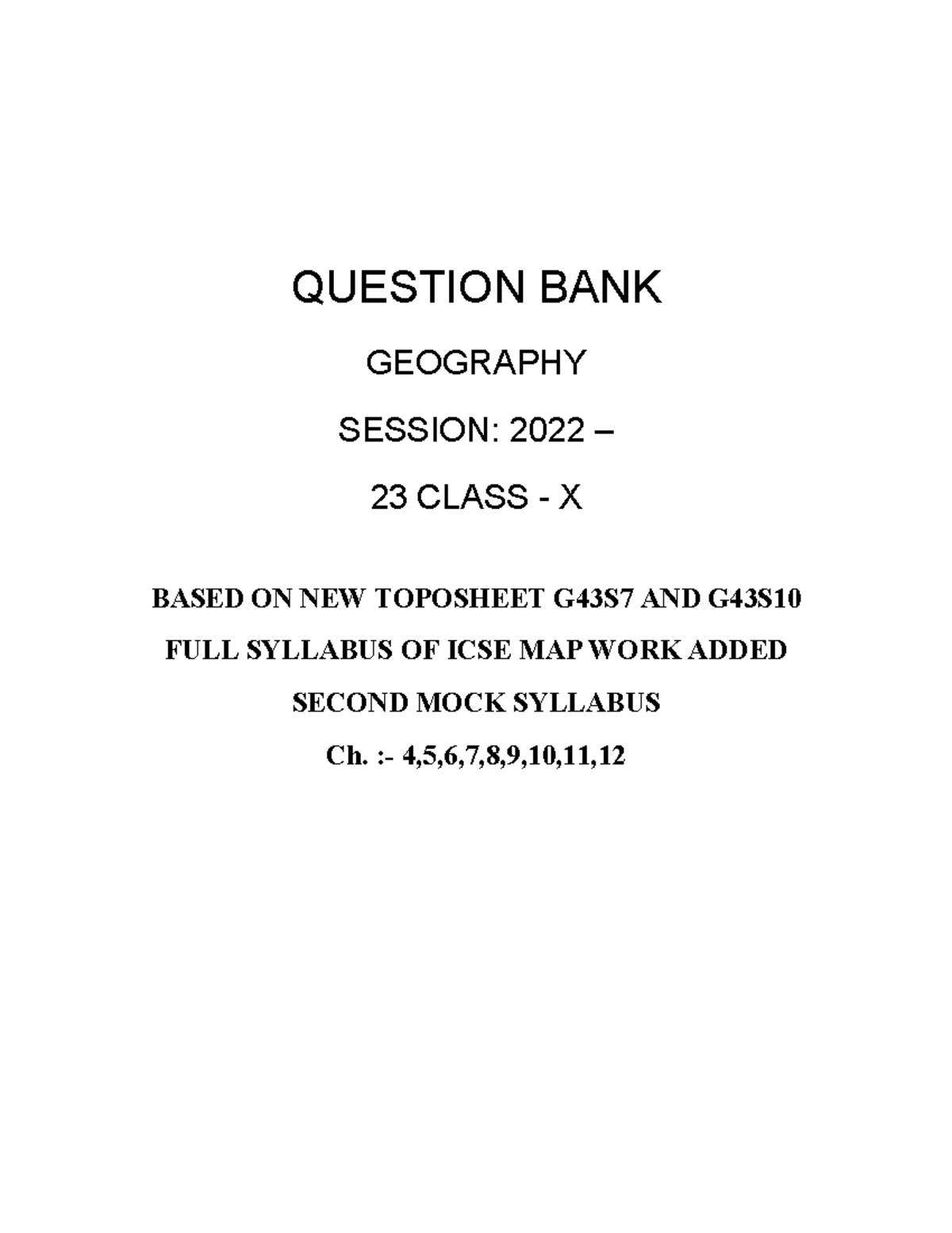 Geography Question Bank Std 10: Full ICSE Syllabus Mock Questions - Studocu