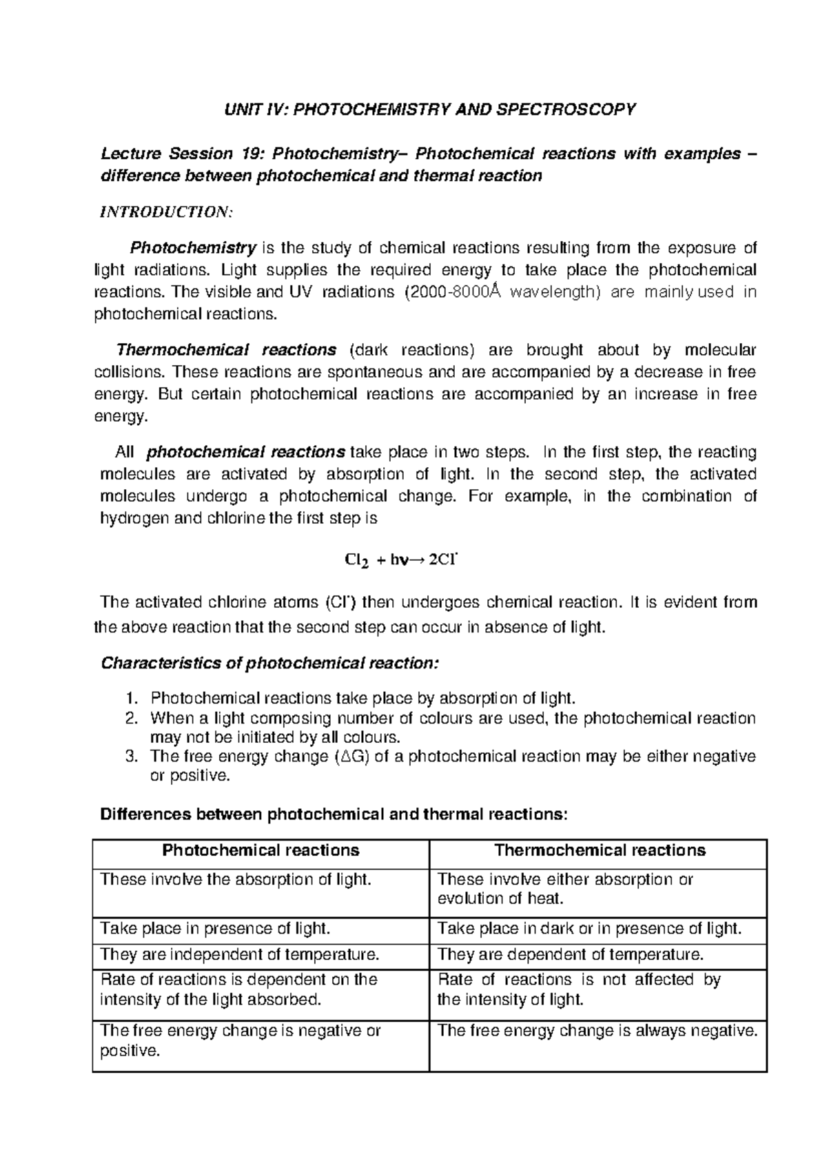 Lecture Notes: Photochemistry and Spectroscopy (Unit IV) - Studocu