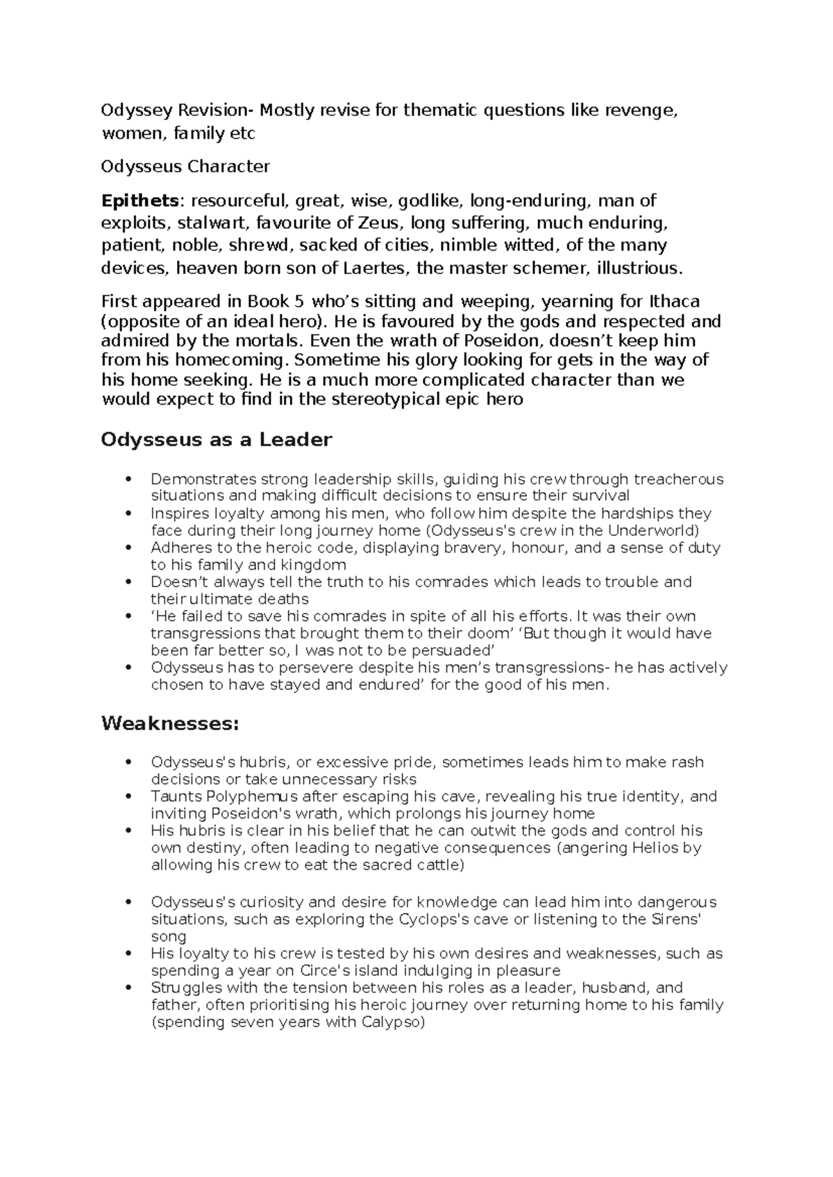 Classics Revision: Thematic Analysis of Odysseus in The Odyssey - Studocu