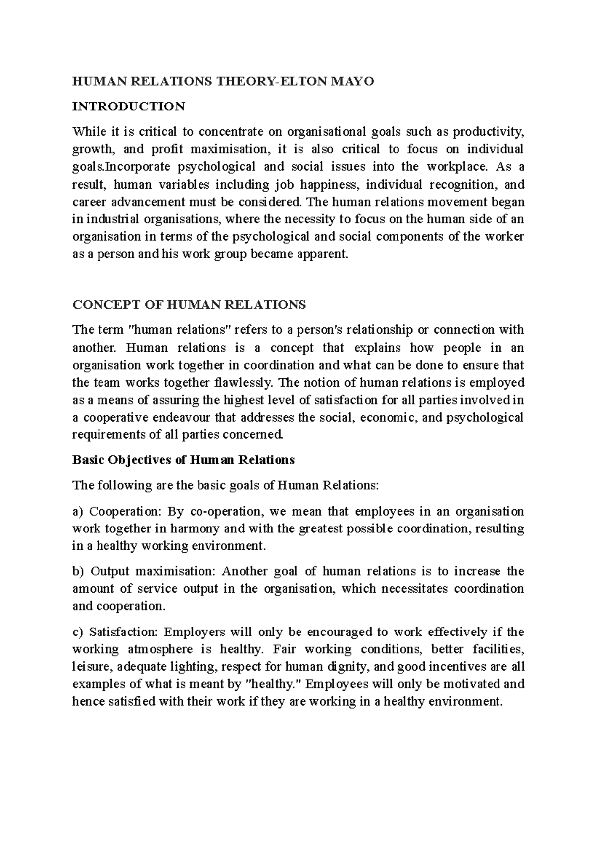 HUMAN RELATIONS THEORY (HRM 101): Insights from Elton Mayo - Studocu