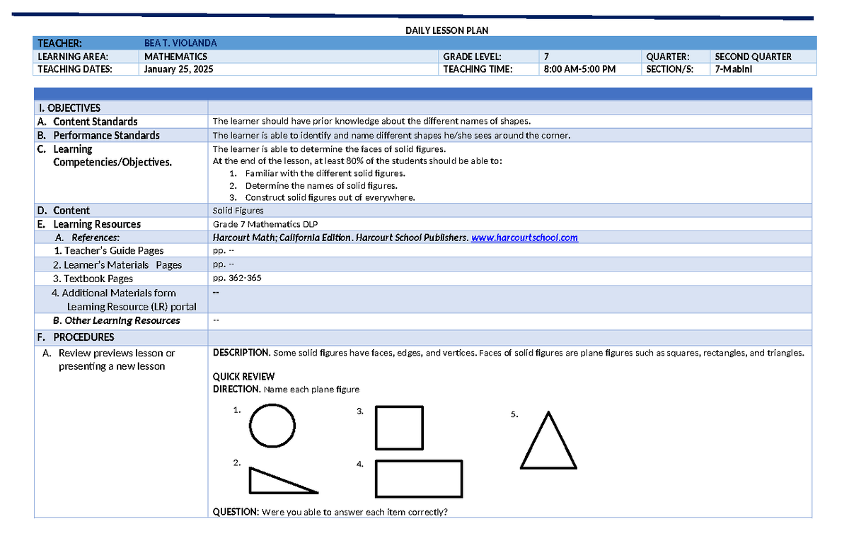 BTV DLP Solid Figures - DAILY LESSON PLAN TEACHER: BEA T. VIOLANDA ...