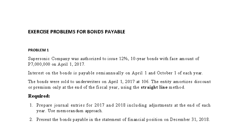 Bonds Payable Exercise Problems (FIN 301) - Journal Entries & Reporting ...