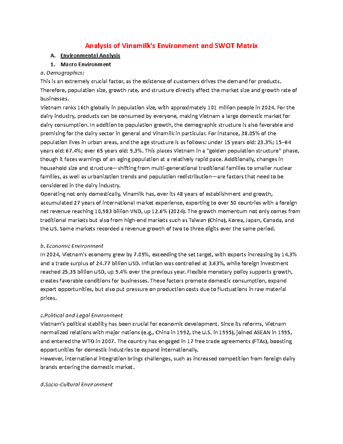 Analysis of Vinamilk's Environment & SWOT Matrix (2024) - Studocu