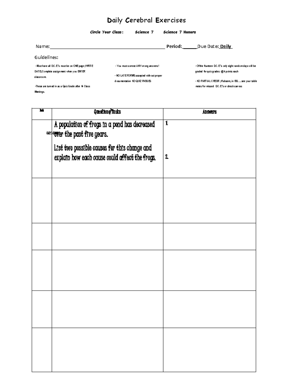 Daily Cerebral Exercises: Science 7 Honors Quiz Guidelines - Studocu