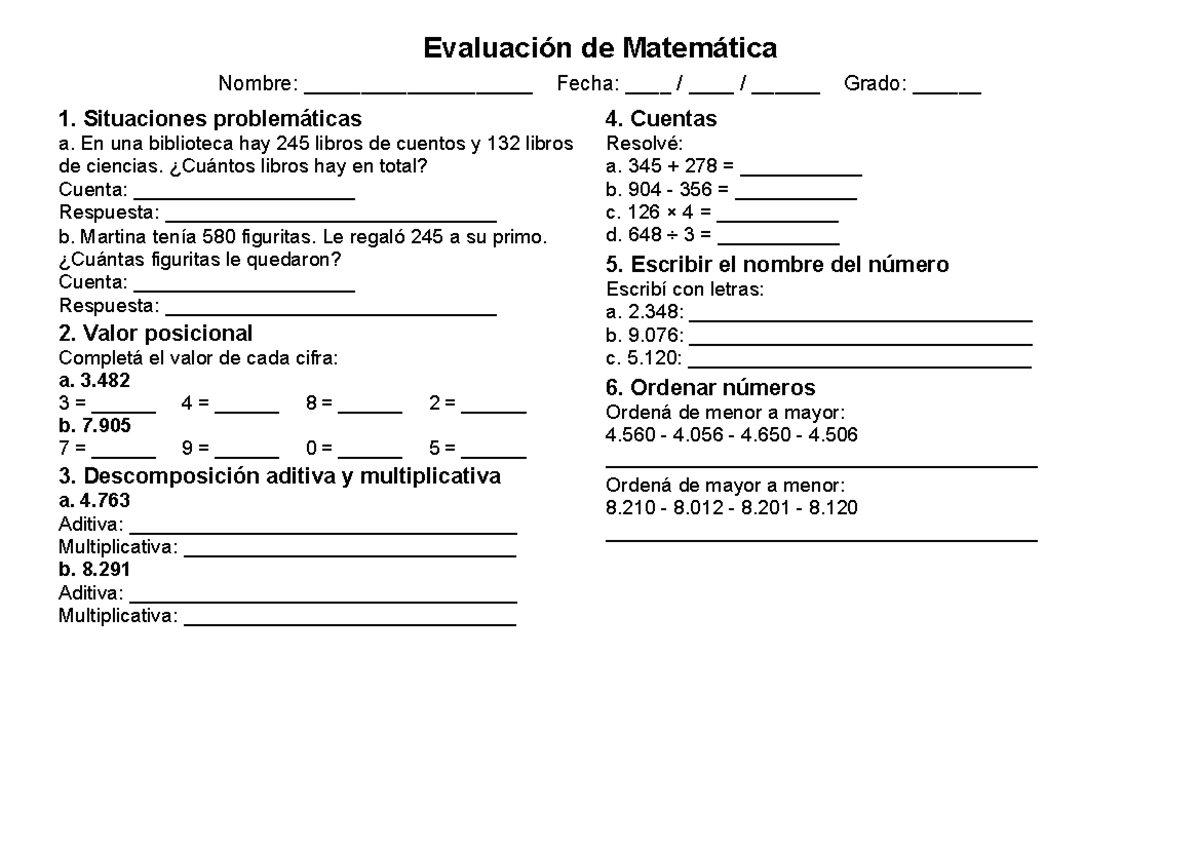 Evaluación de Matemática Grado 4: Problemas y Cuentas - Studocu
