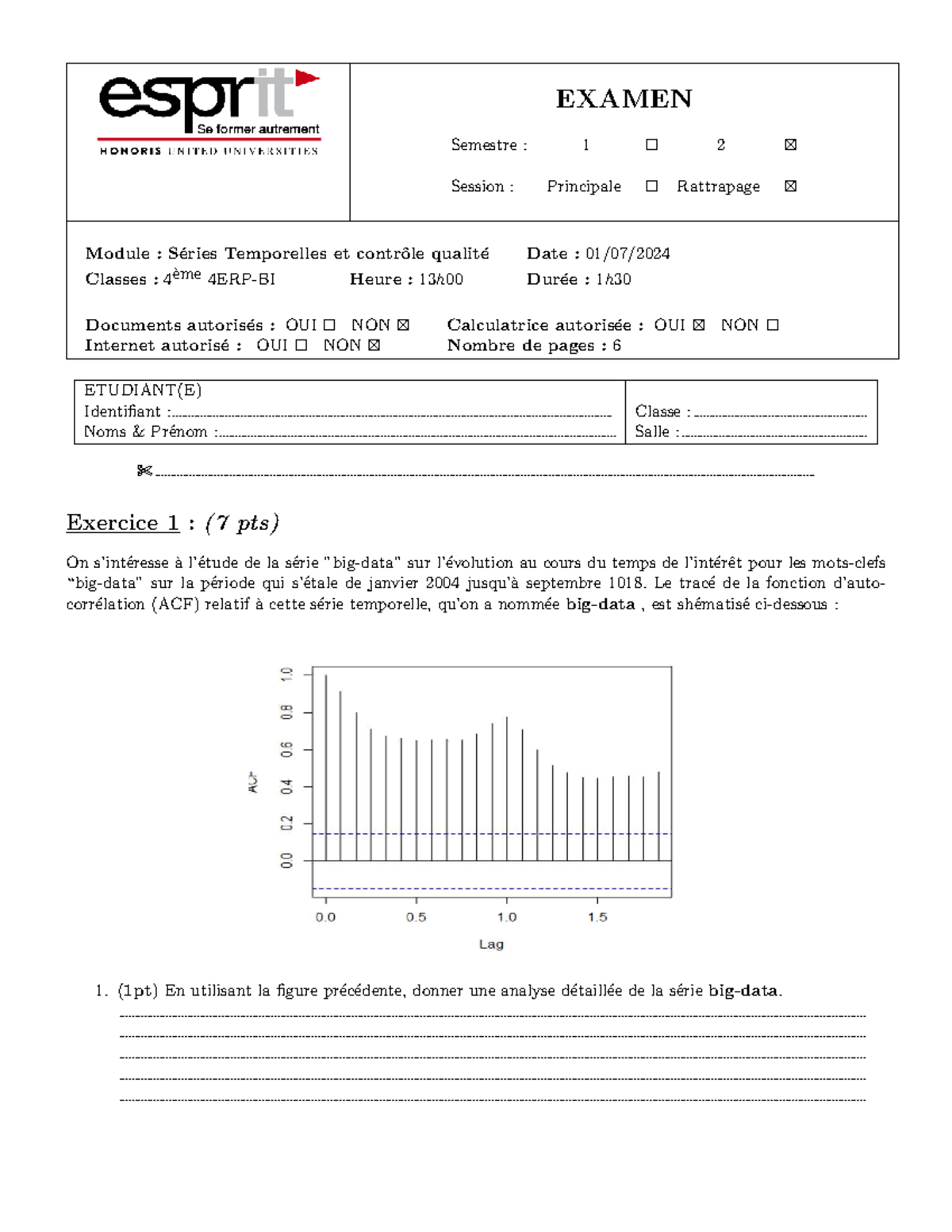 Examen ST 1-2 Rattrapage : Séries Temporelles et Contrôle Qualité - Studocu