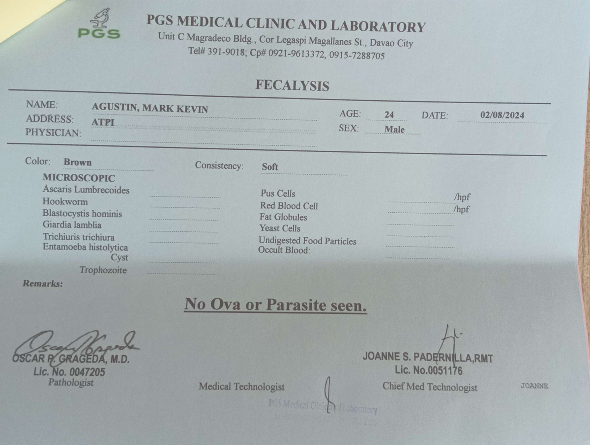 Fecalysis Report for Mark Kevin Agustin - PGS Unit C - Studocu