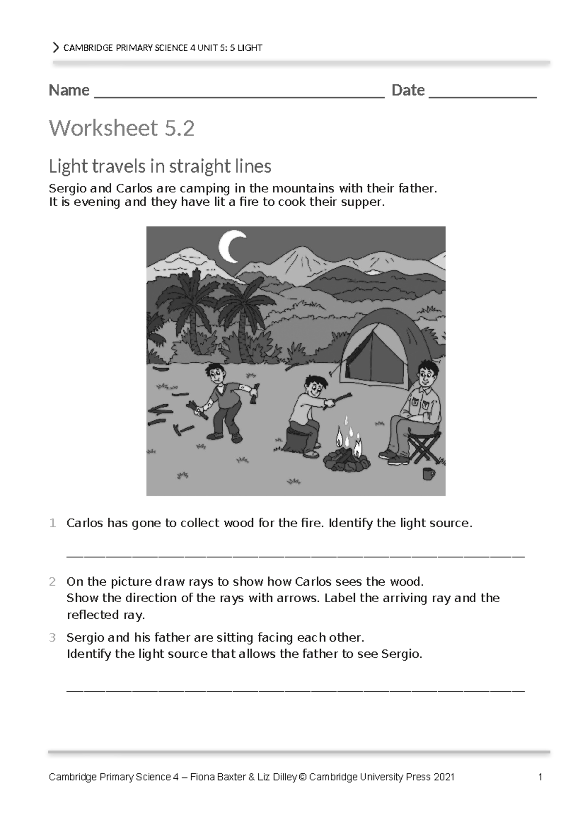 Cambridge Primary Science 4 Unit 5: Light Worksheets and Activities ...