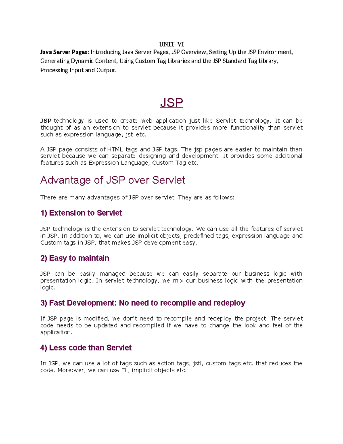 Java Server Pages (JSP) Overview and Advantages - Unit 6 - Studocu